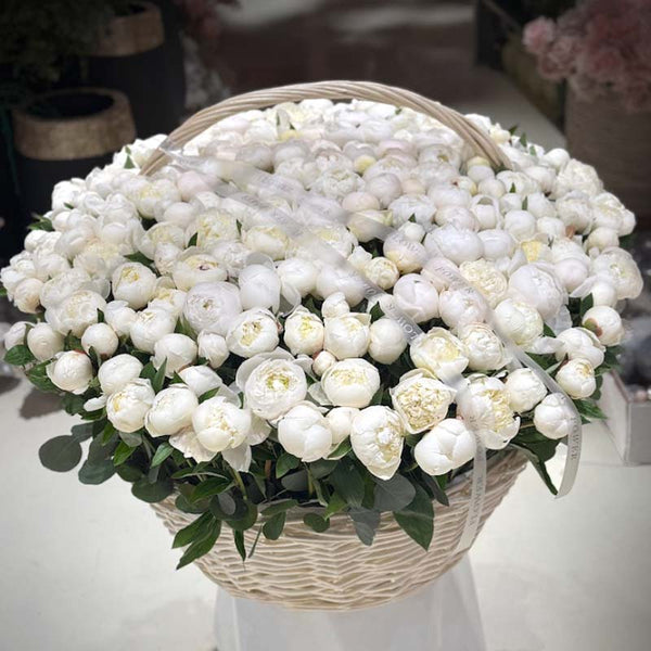 Basket of snow - white peonies White Tranquility bouquet by Flower ...